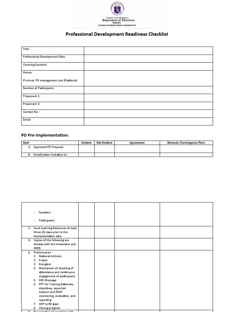 Professional Development Readiness Checklist: PD Pre-Implementation ...