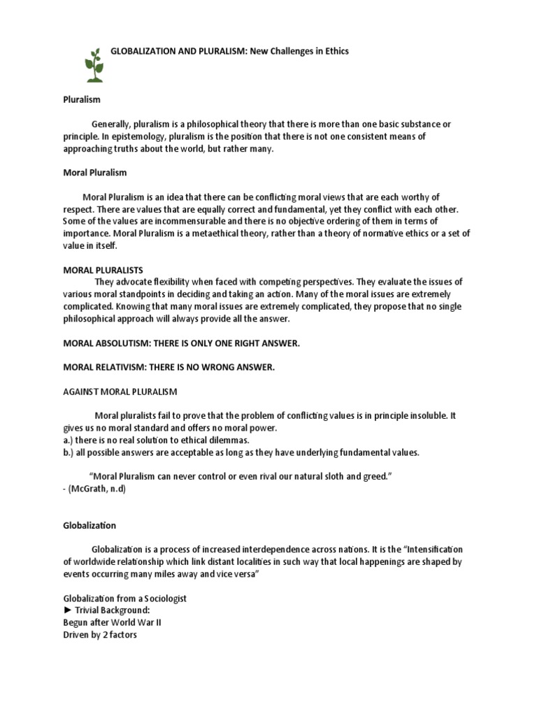 Reading 3 - GLOBALIZATION AND PLURALISM - New Challenges in Ethics | PDF | Globalization ...