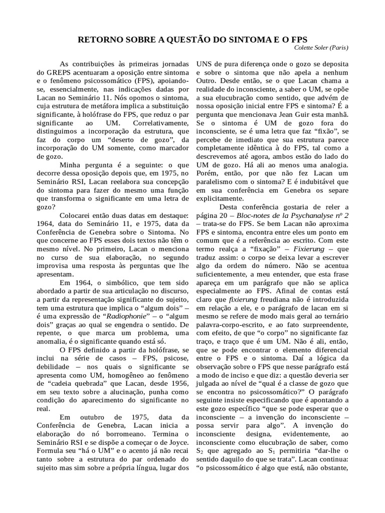 Colette Soler - Retorno Questão Sintoma e FPS | PDF | Jacques Lacan ...