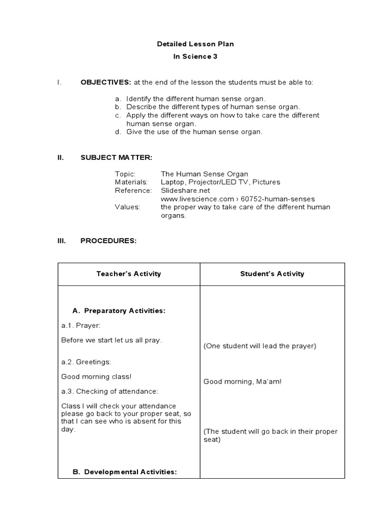 Detailed Lesson Plan | PDF | Senses | Taste