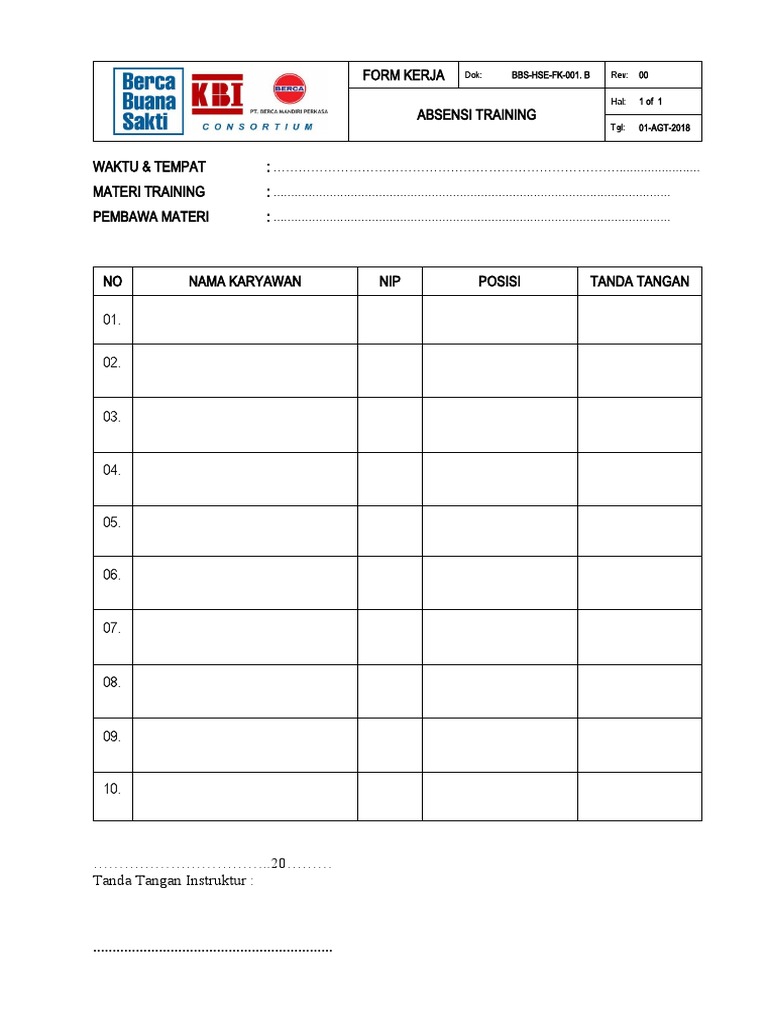 Form. No. 001.b. Daftar Absensi Training | PDF