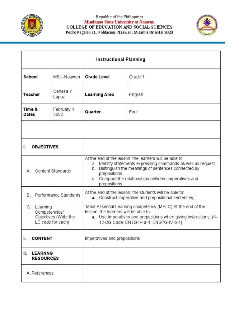 A Detailed-Lesson-Plan - Imperativeandpreposition New | PDF | Sentence ...