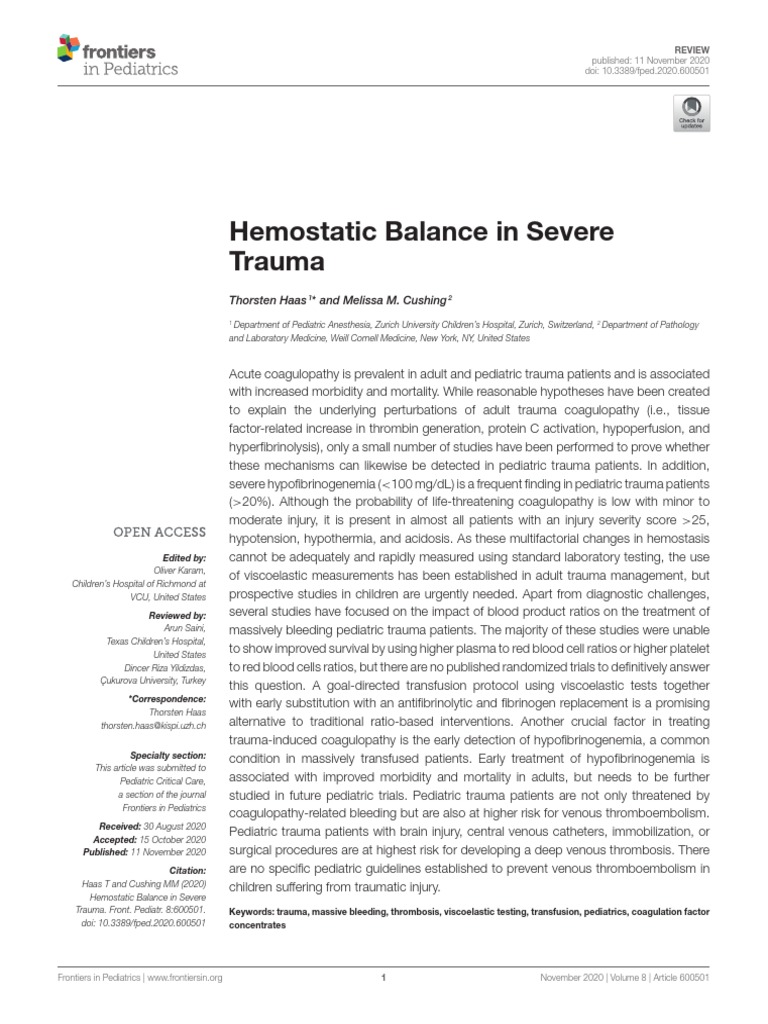 Hemostatic Balance in Severe Trauma Fped-08-600501 | PDF | Bleeding ...