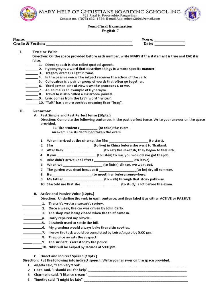 Semi-Final Exam English 7 | PDF | Linguistics