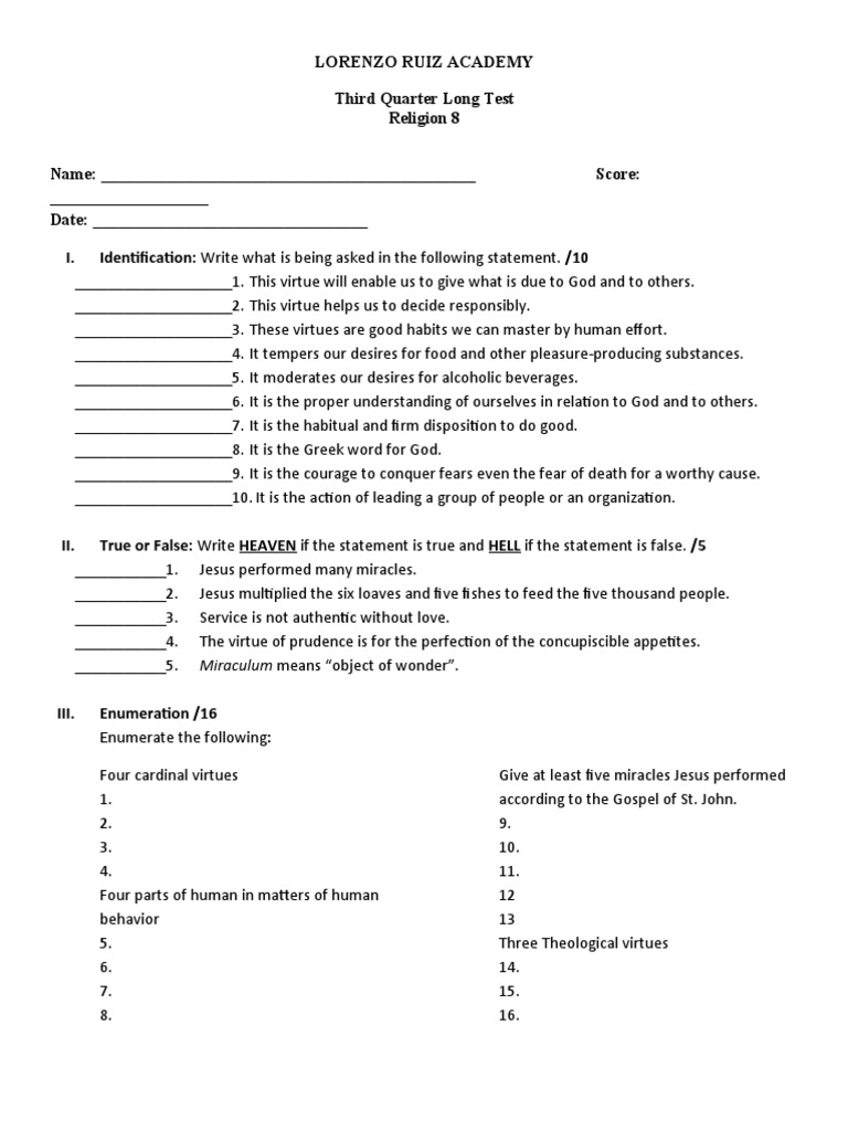 Grade 8 Religion Long Test Paper | PDF | Virtue | Jesus