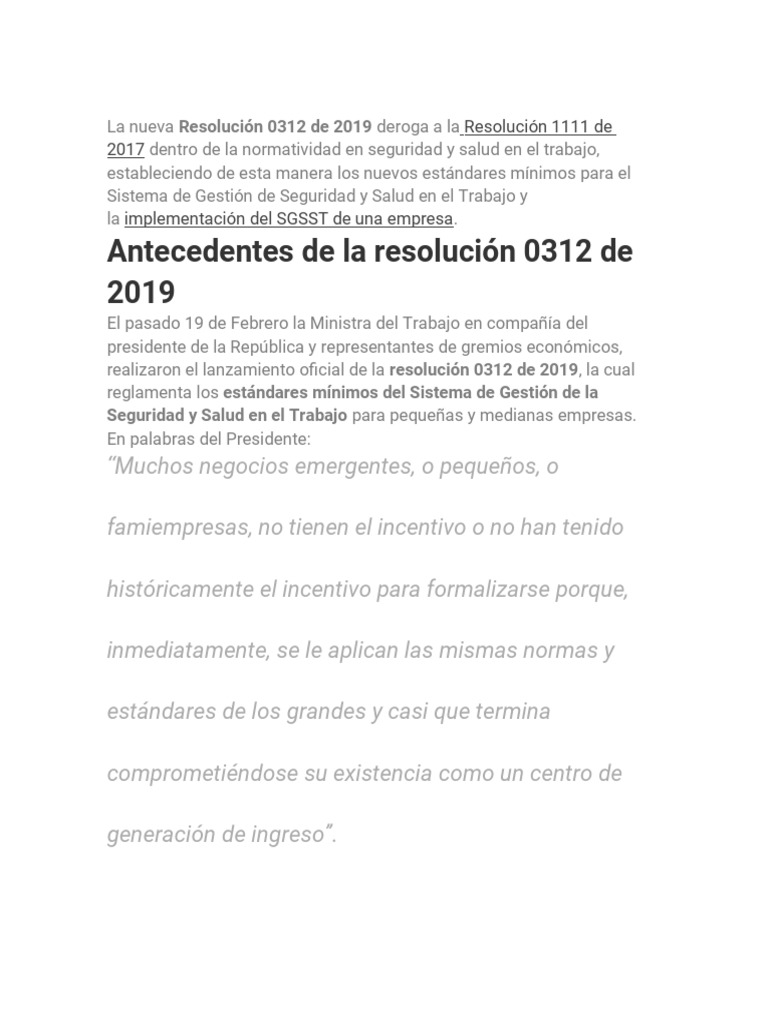 Resolucion 0312 de 2019 - RESUMEN | PDF | Seguridad y salud ocupacional | Business