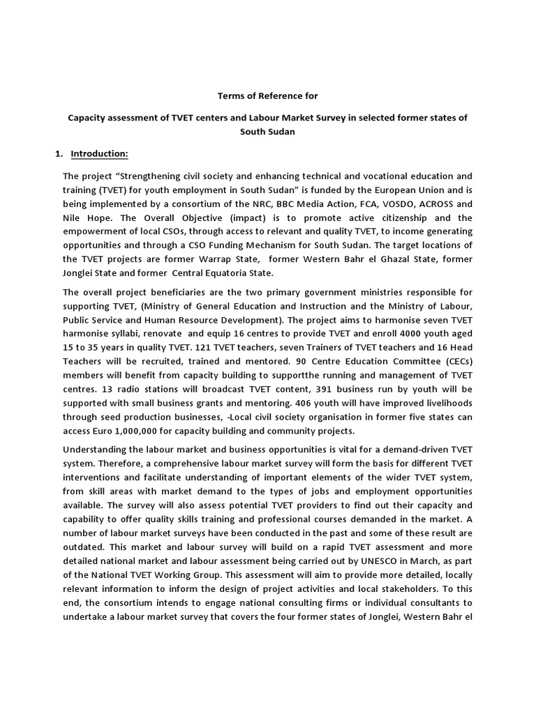 TVET Assessment ToR - NRC South Sudan | PDF | Economies