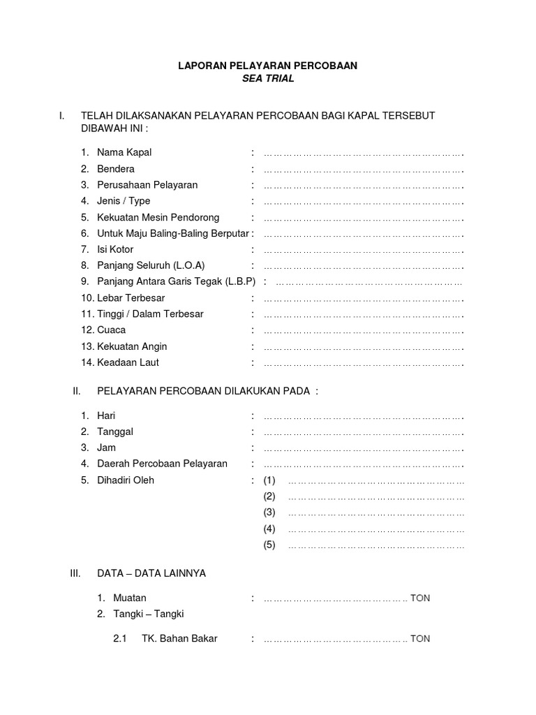 Form Laporan Pelayaran Percobaan (Sea Trial) | PDF