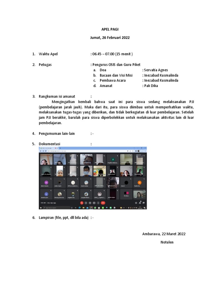 Laporan Apel Pagi (Selasa 22-3-2022) | PDF