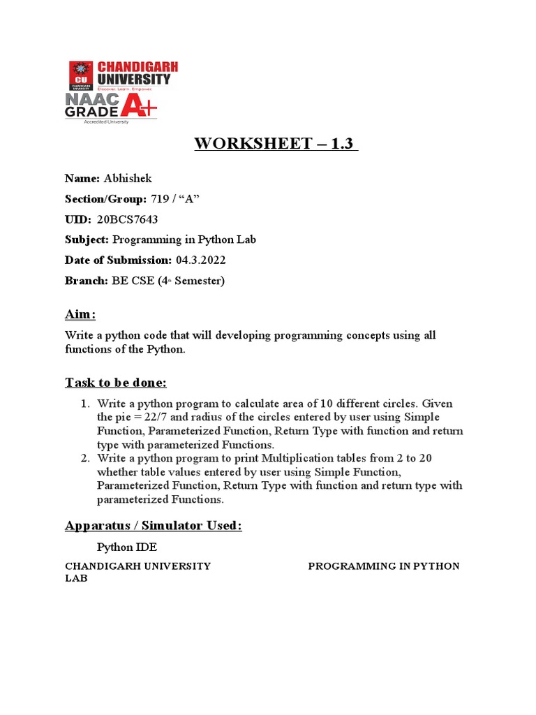 Worksheet 1.3 | PDF | Computer Programming | Area