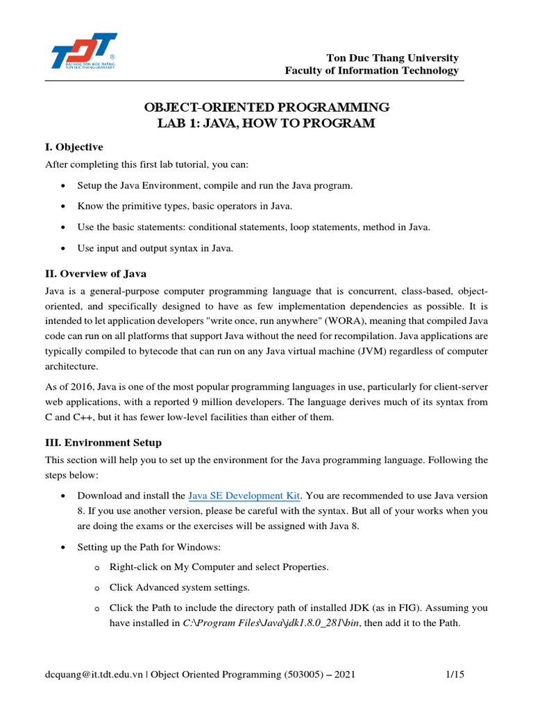 Object Oriented Programming Lab 1 Java How To Program Ton Duc Thang University Faculty Of