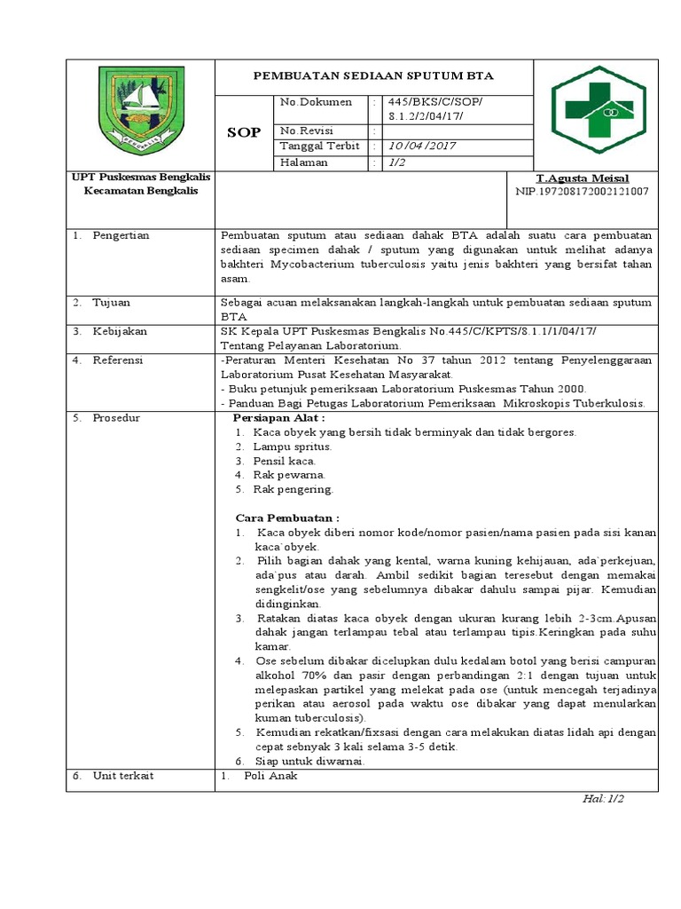 Sop Sediaan Sputum Bta | PDF