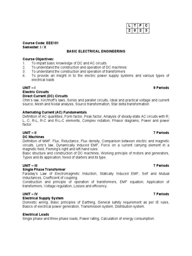Eee101 Basic Electrical Engineering-Syllabus | PDF