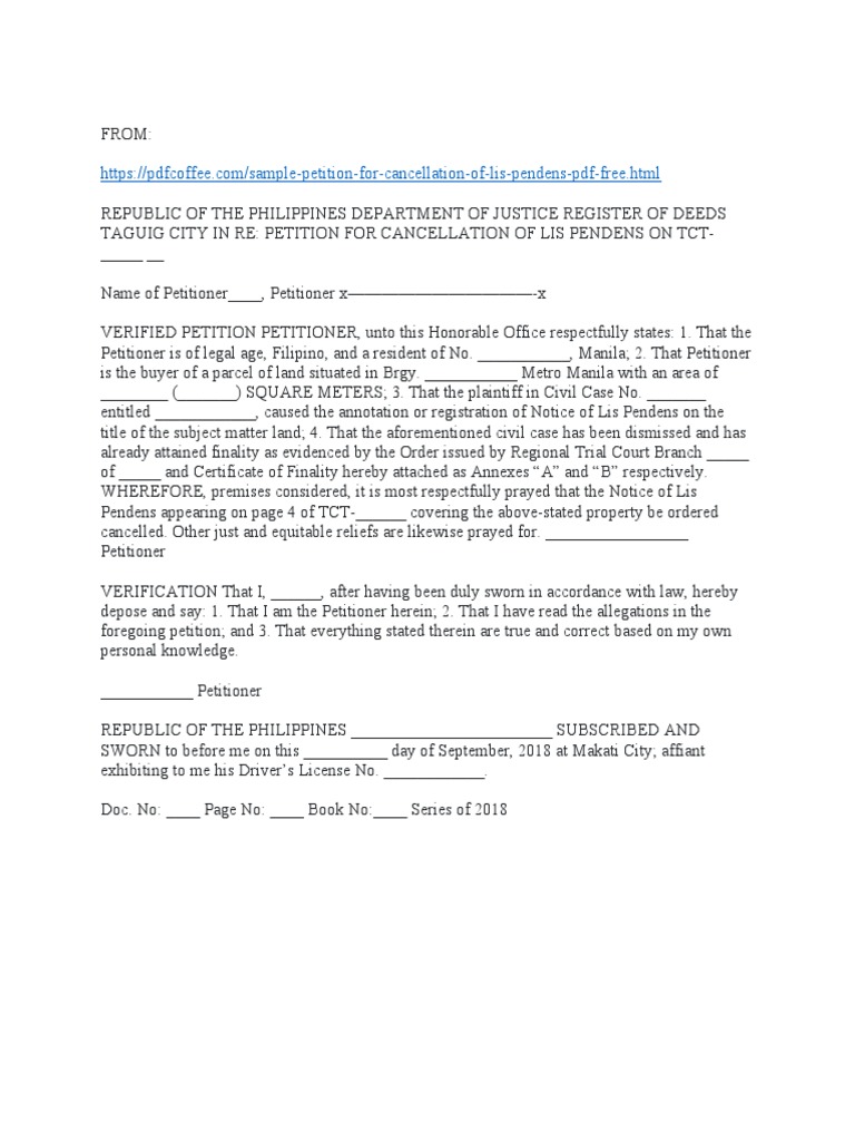 Sample Verified Petition - Lis Pendens | PDF