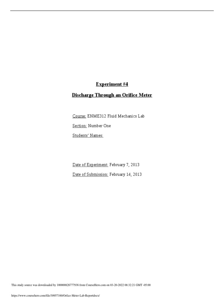 Experiment #4 Discharge Through An Orifice Meter | PDF | Flow ...