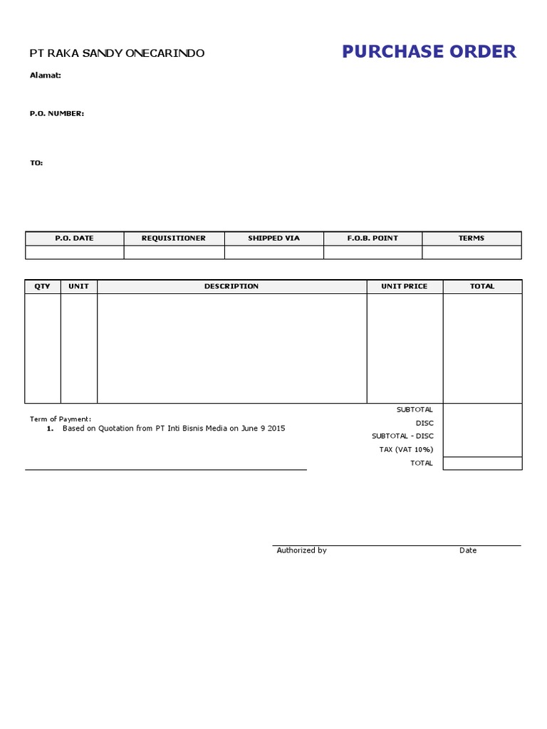 Purchase Order Template for PT Raka Sandy | PDF