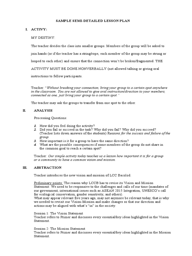 Vision Mission Lesson Plan | PDF | Teachers | Lesson Plan