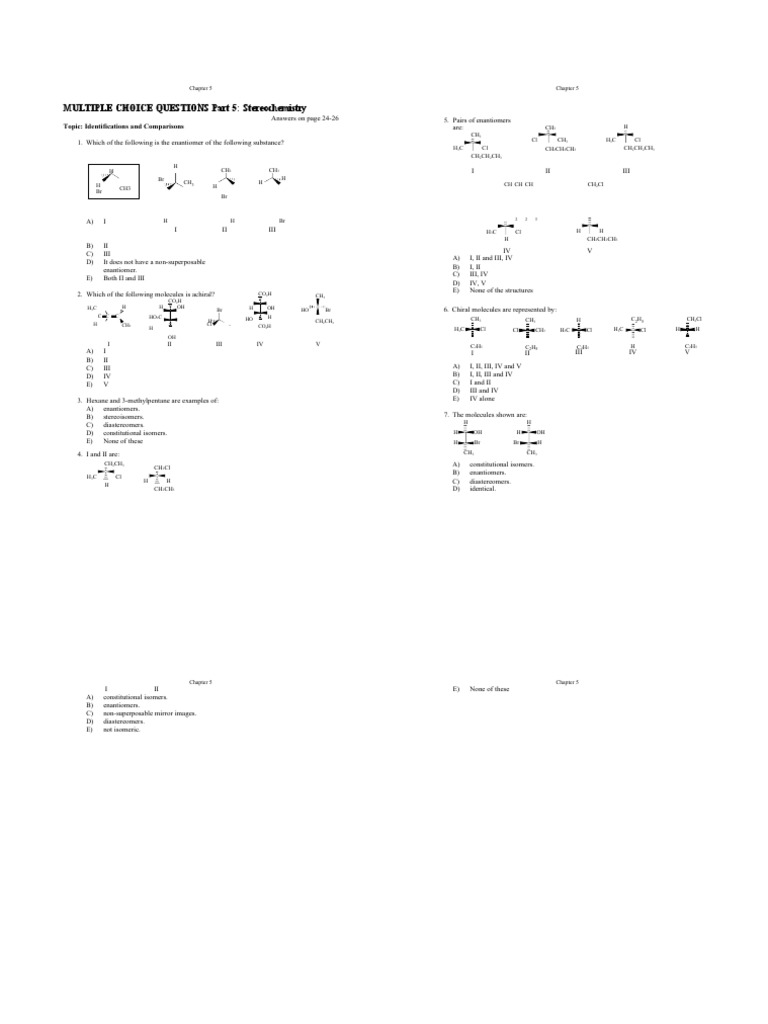 MULTIPLE CHOICE QUESTIONS Part 5: Stereochemistry: Topic: Identifications and Comparisons | PDF ...