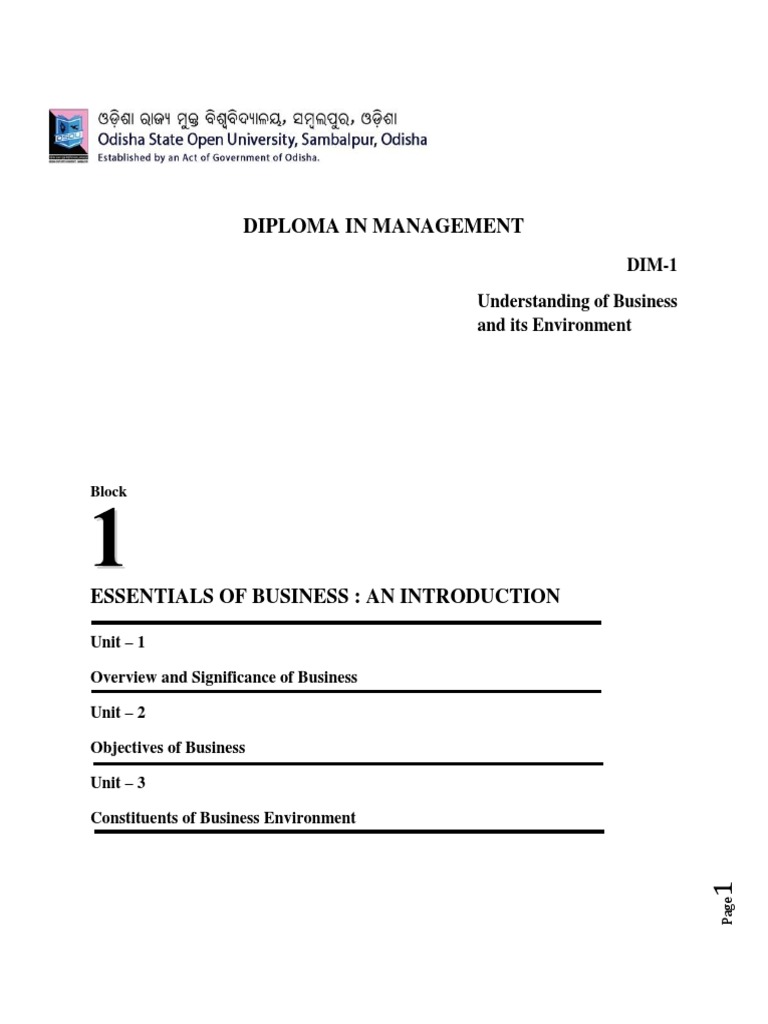 Diploma in Management: DIM-1 Understanding of Business and Its ...
