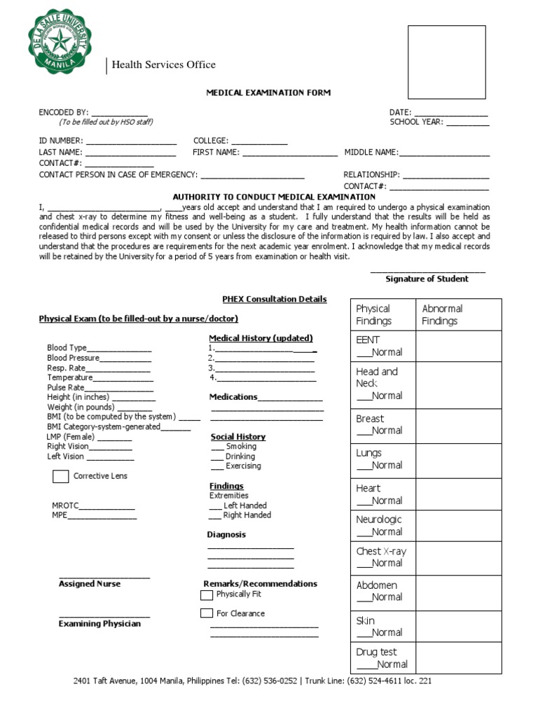 (HSO) Medical Examination Form | PDF | Physical Examination | Medical ...