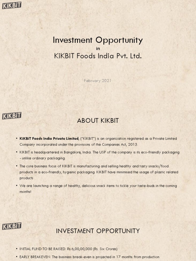 Investment Opportunity: Kikbit Foods India Pvt. LTD | PDF | Potato Chip ...