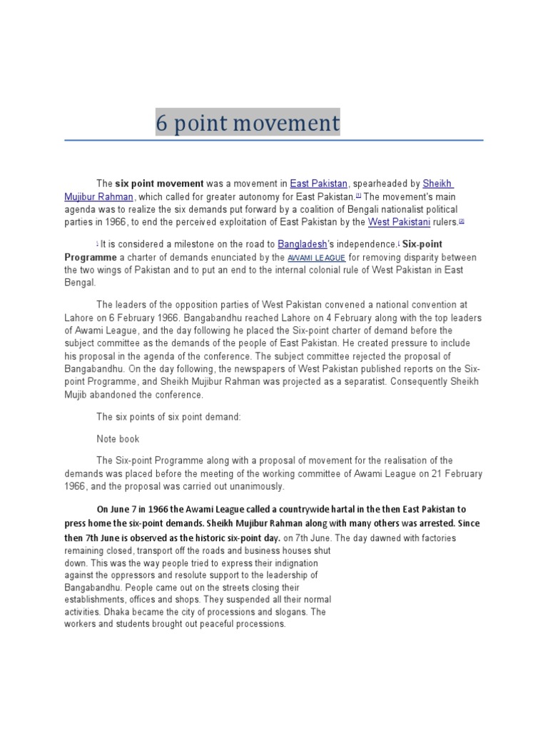 6 Point Movement: East Pakistan Sheikh Mujibur Rahman West Pakistani Bangladesh | PDF ...