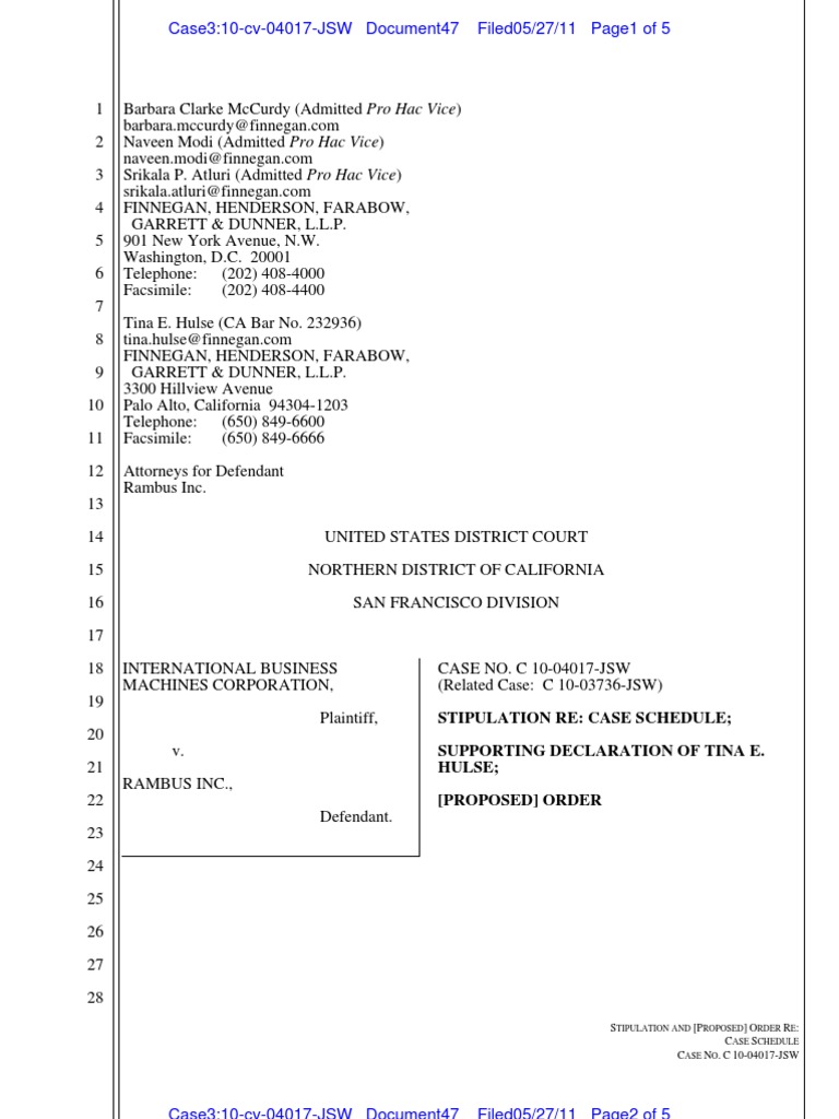 Stipulation Re: Case Schedule Supporting Declaration of Tina E. Hulse ...