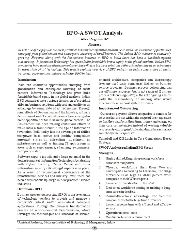 SWOT Analysis of Indian BPO Industry | PDF | Outsourcing | Business
