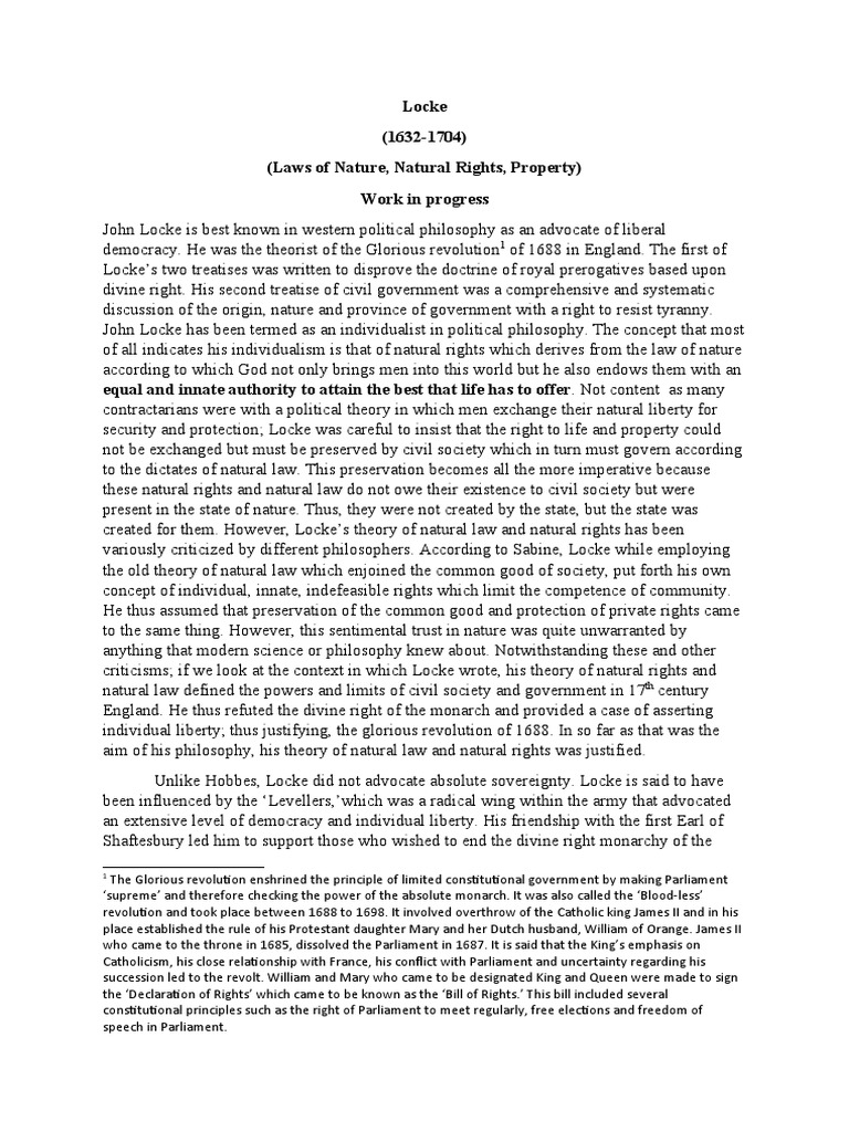 Locke (1632-1704) (Laws of Nature, Natural Rights, Property) Work in ...