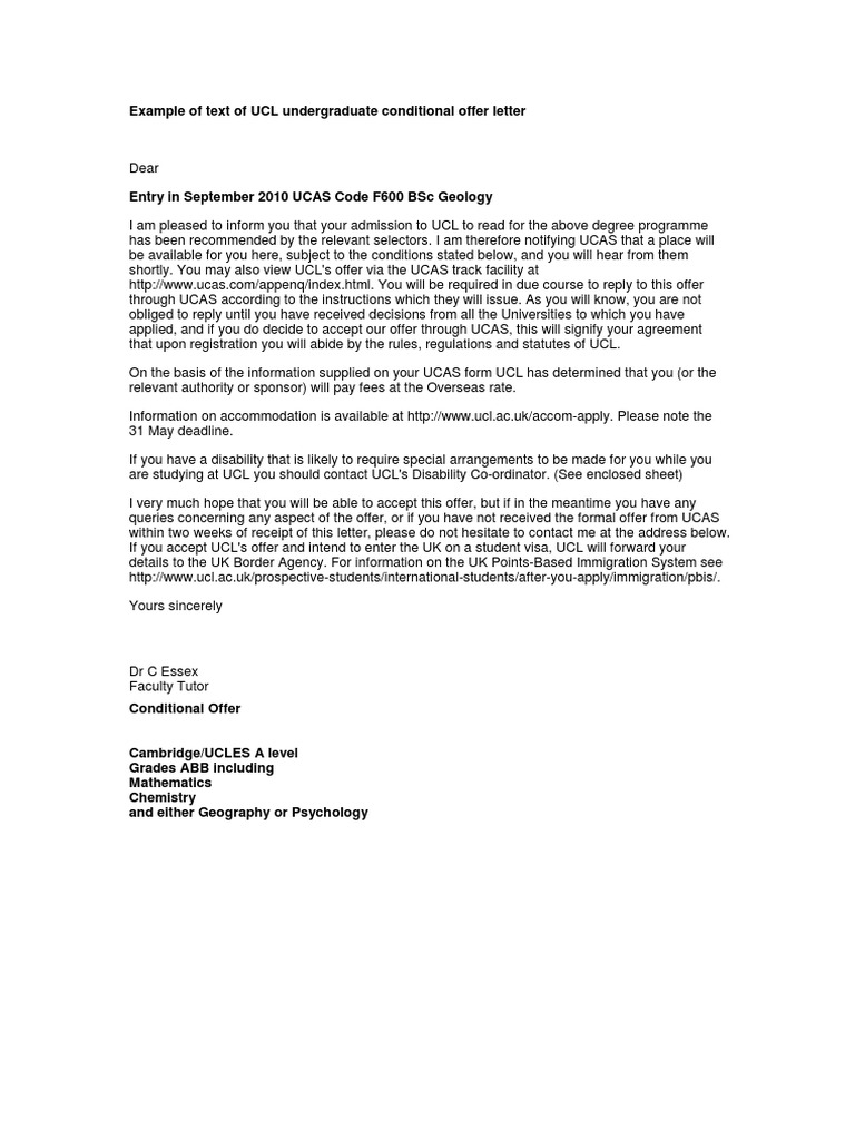 Conditional Unconditional Offer Letter | PDF | University College ...
