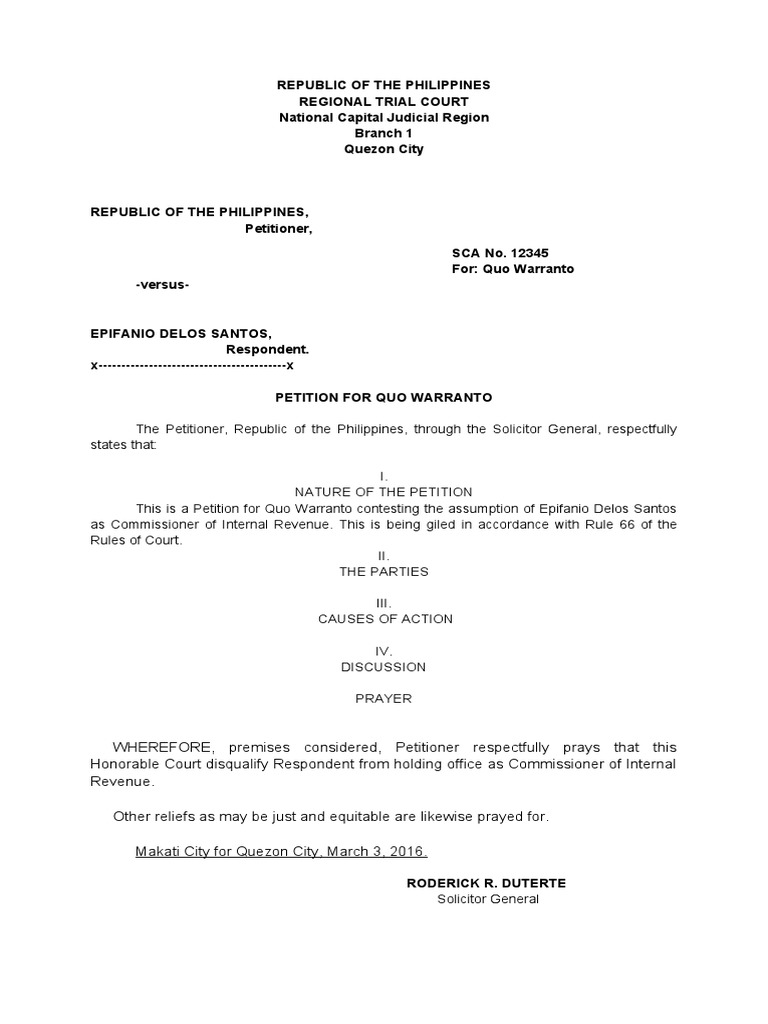 Form No. 52 PETITION FOR QUO WARRANTO | PDF | Government Institutions ...