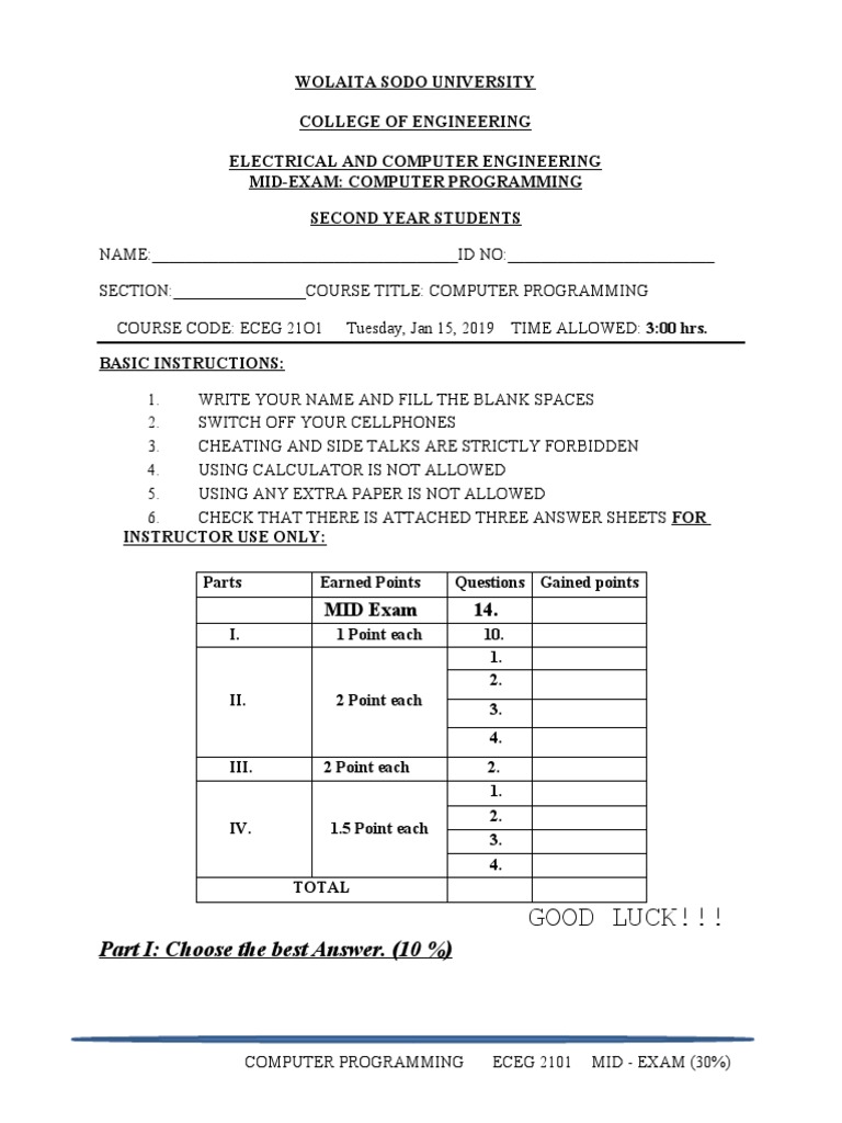 Computer Programming Mid Exam 2011 Pdf Integer Computer Science Variable Computer Science