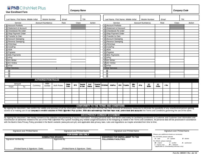 PNB C@shNet Plus User Enrollment Form | PDF | Privacy | Cheque