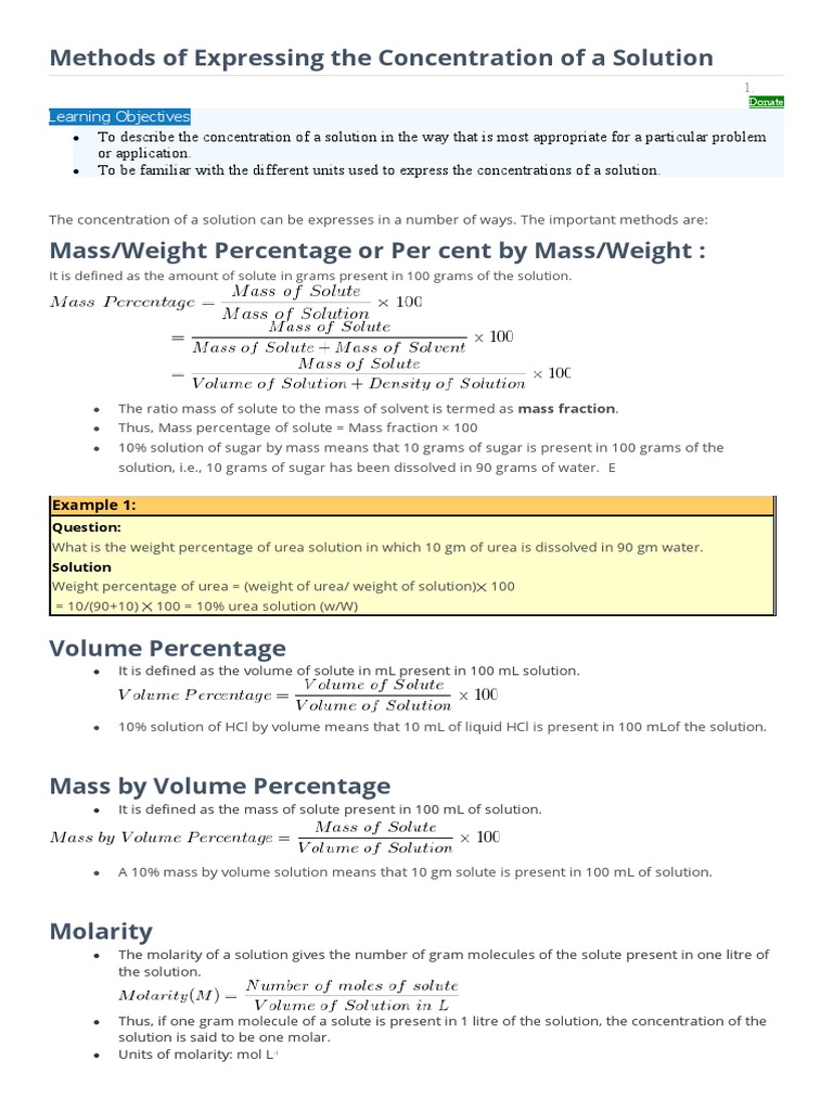 Concentration Expression Methods | PDF | Mole (Unit) | Concentration