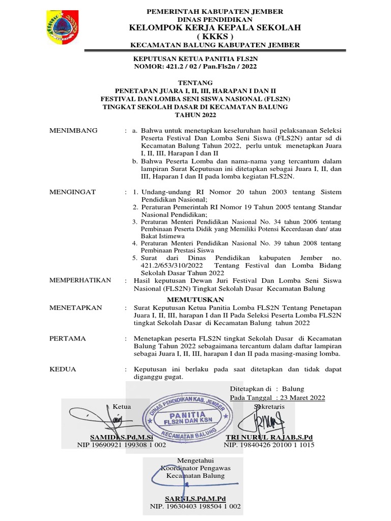 SK Pemenang FLS2N Kec Balung 2022 | PDF