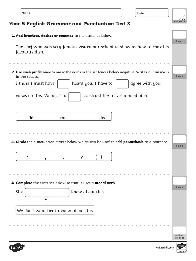 Year 5 Grammar & Punctuation Quiz | PDF | English Grammar | English ...
