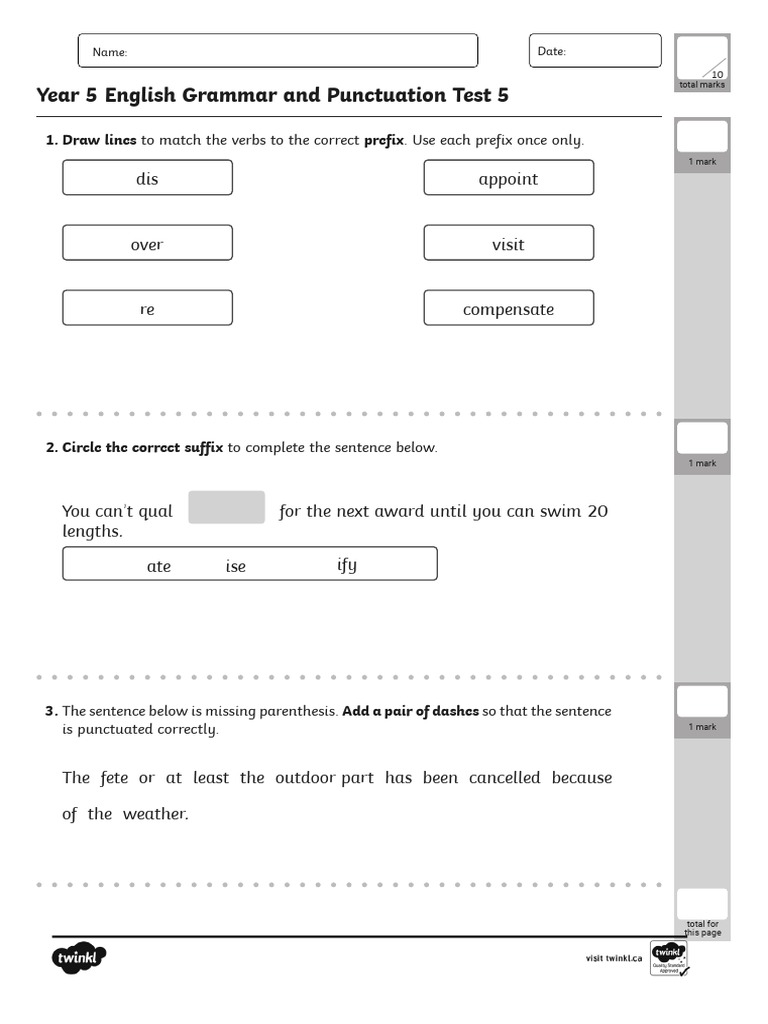 Year 5 Grammar and Punctuation Test 5 | PDF | English Grammar | English ...
