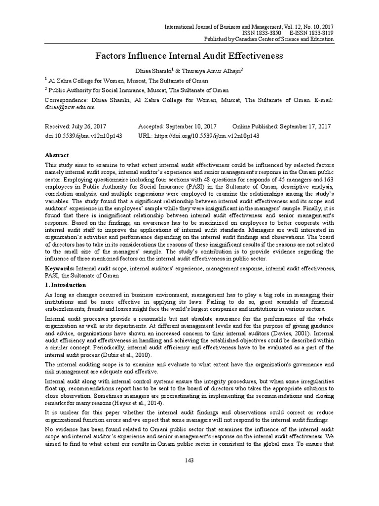 Factors Influence Internal Audit Effectiveness Pdf Internal Audit Audit