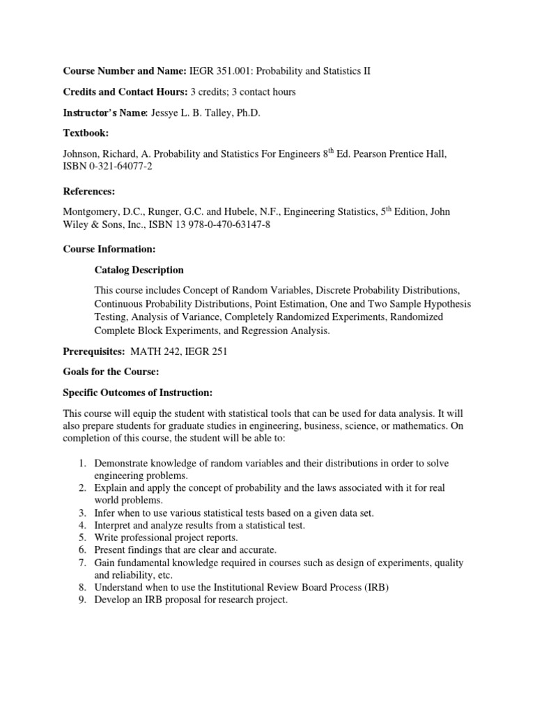 Probability and Statistics II Syllabus Spring 2022 - Student | PDF ...