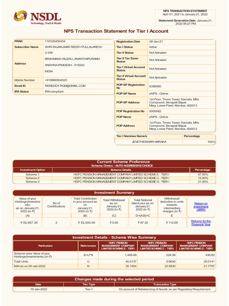 NPS Transaction Statement For Tier I Account: Current Scheme Preference ...
