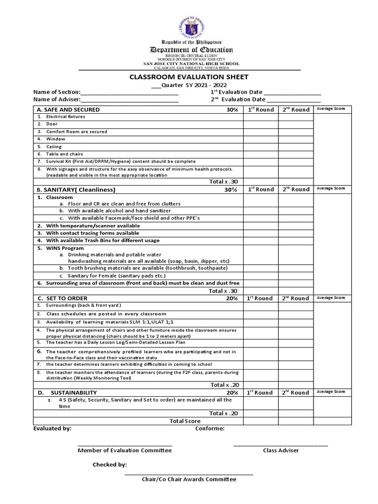 Classroom Evaluation Sheet: Sanitary (Cleanliness) 30% | PDF ...