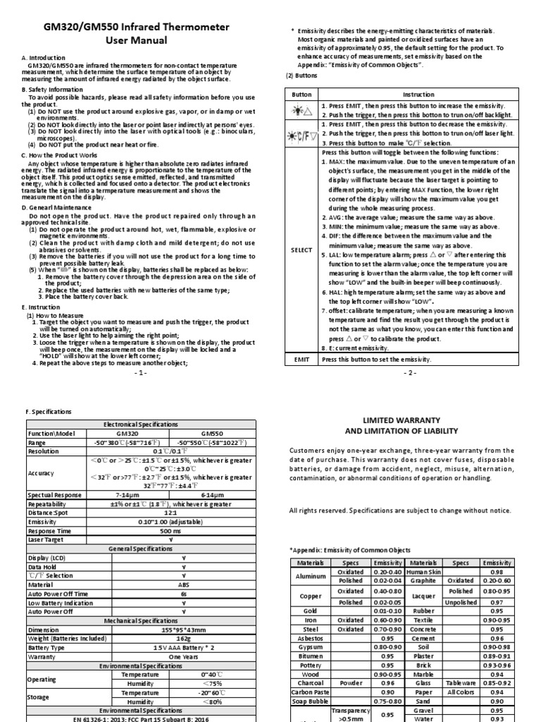 IR Thermal Thermometer Instructions | PDF | Infrared | Laser