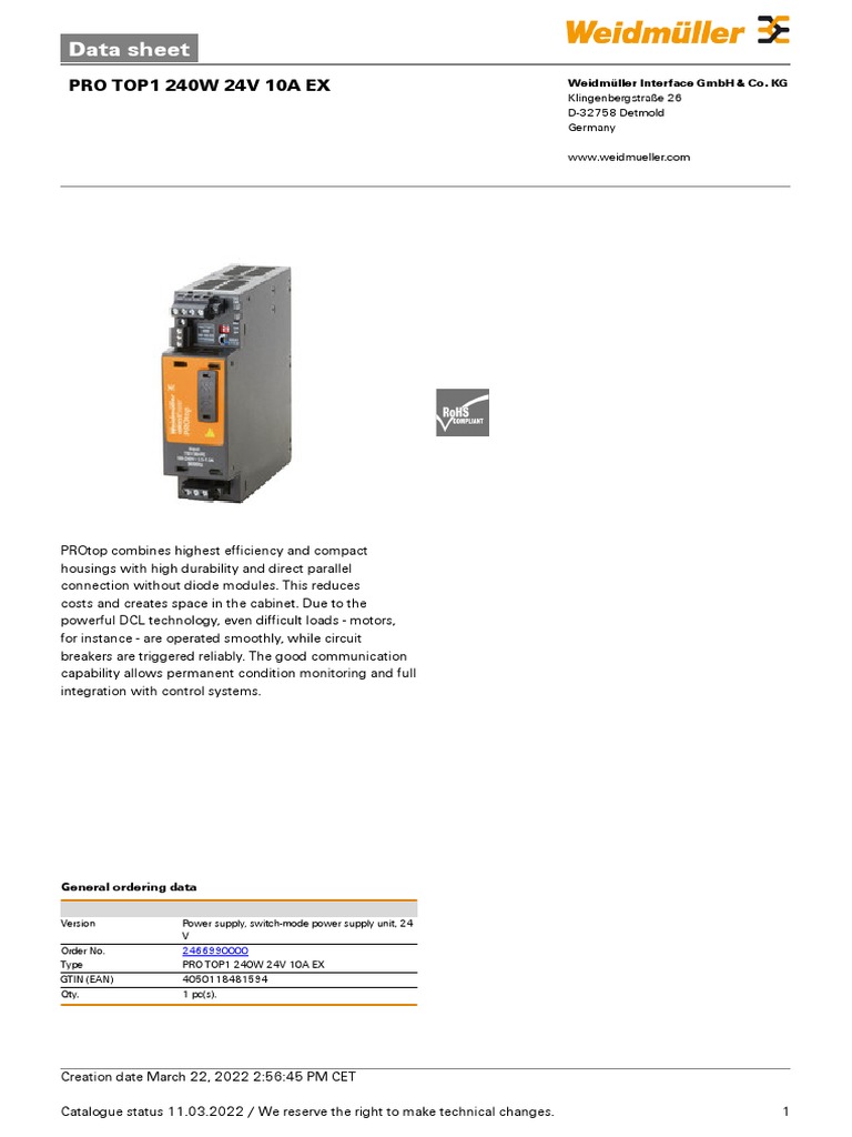 Data Sheet: PRO TOP1 240W 24V 10A EX | PDF | Power Supply | Alternating ...