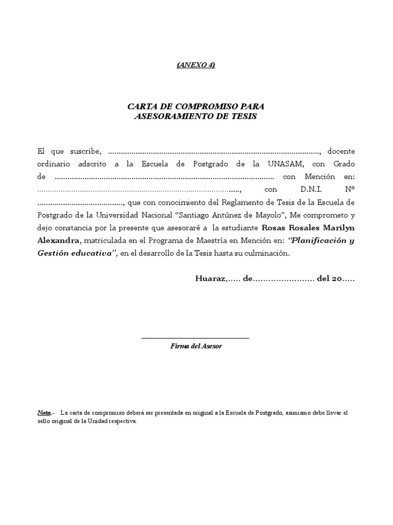 Carta de Compromiso para Asesoramiento de Tesis | PDF