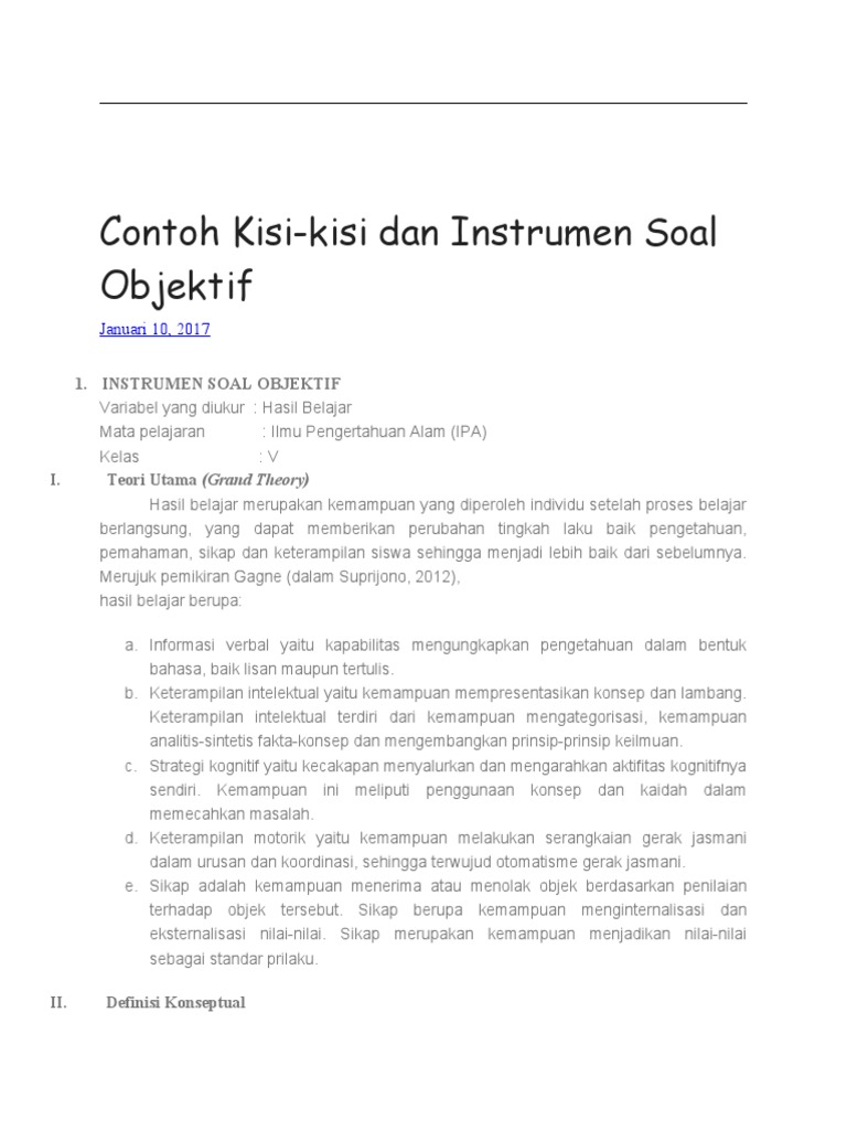 Contoh Kisi-Kisi Dan Instrumen Soal Objektif | PDF