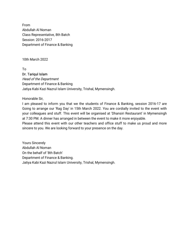 Rag Day Invitation Letter | PDF