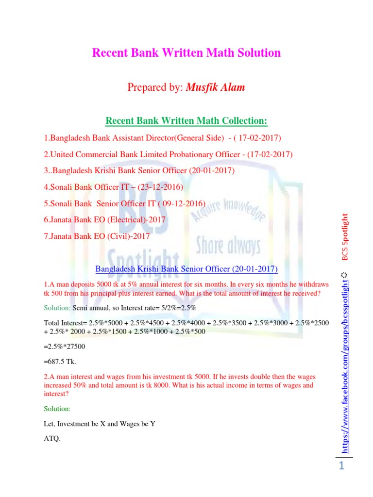 Recent Bank Written Math Solution: Prepared By: Musfik Alam | PDF ...