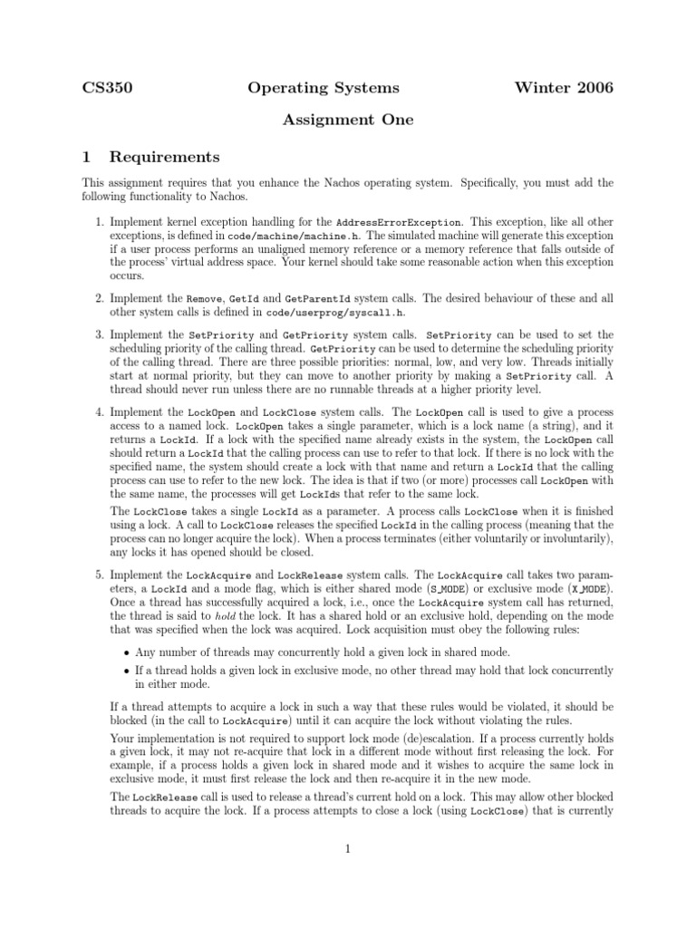 CS350 Operating Systems Winter 2006 Assignment One 1 Requirements | PDF | Thread (Computing ...