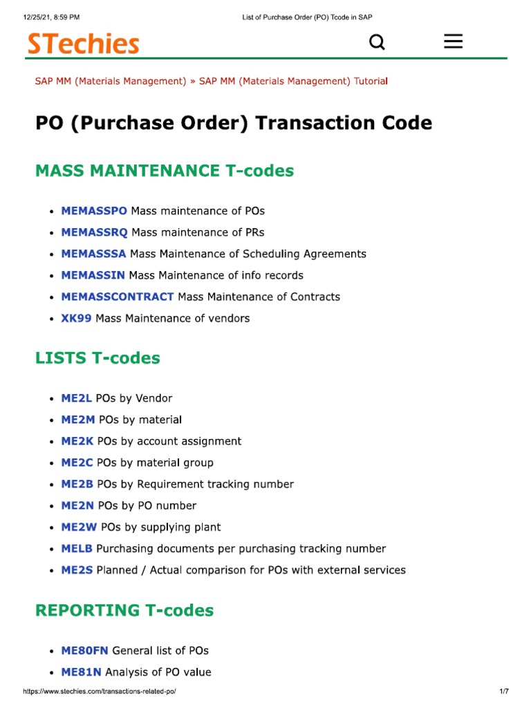 SAP - PO (Purchase Order) Transaction | PDF