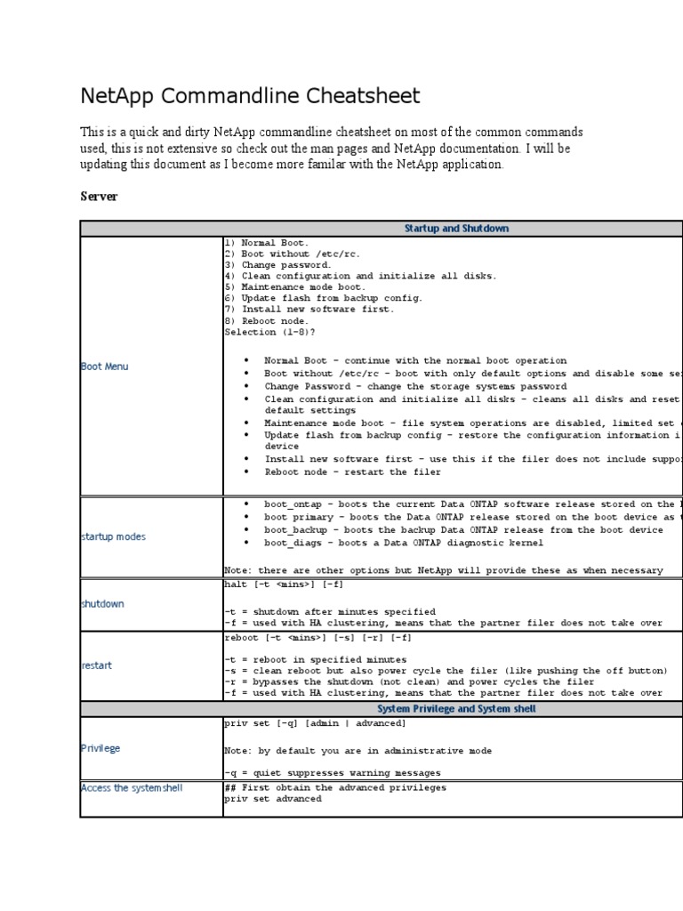 Netapp Command Line Cheatsheet Pdf Booting Computer Data